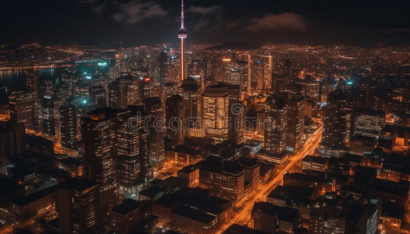 Illuminated Skyscrapers Light Up the City Skyline at Night Generated by ...