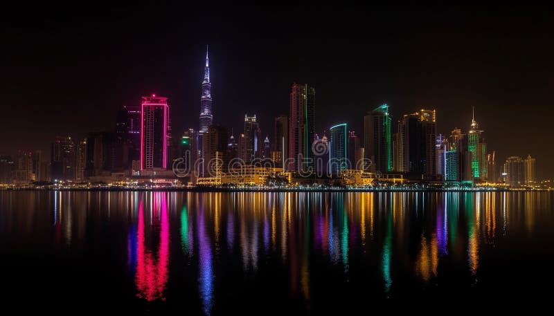 Illuminated Skyscrapers Reflect on the Waterfront, a Modern Cityscape ...