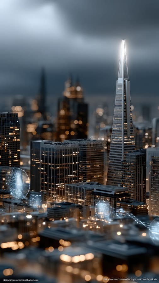 Illuminated Skyscrapers Showcase Modern Architecture and Digital Data Streams Reflecting Urban ...