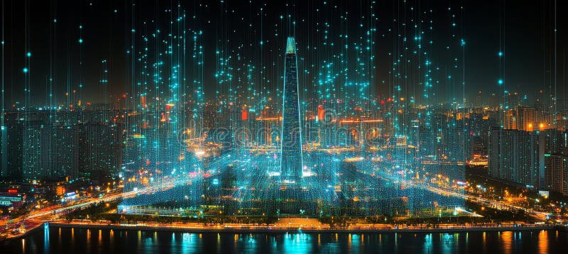 Illuminated Smart City Skyline at Night, with Data Network Connections ...