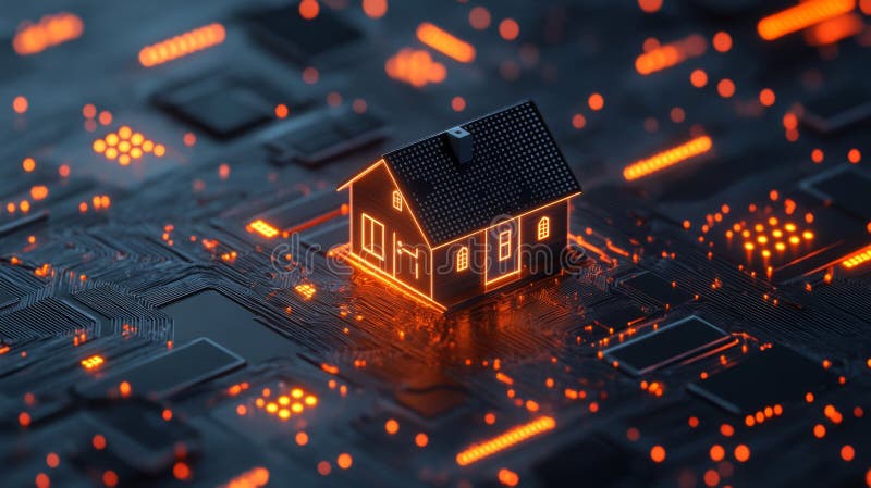 Illuminated Smart Home Model on Circuit Board Stock Illustration ...
