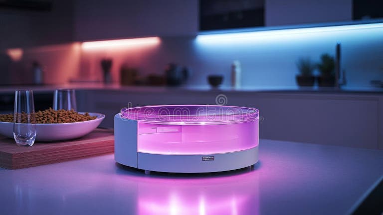 Illuminated Smart Pet Feeder on Modern Kitchen Counter Stock ...