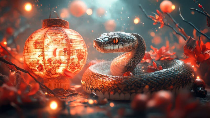 Illuminated Snake and Lantern Amidst Festive Blooms Stock Illustration ...