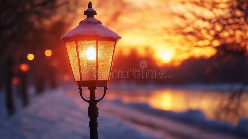 Illuminated Snow Covered Lamp Post at Sunset Stock Illustration ...