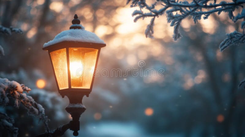 Illuminated Snow Covered Lamp Post Winter Scene Stock Illustration ...