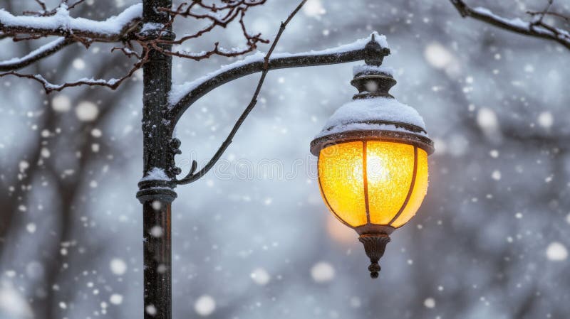 Illuminated Snow Covered Lamp Post Winter Scene Stock Illustration ...