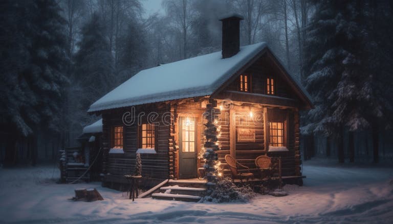Illuminated Snowflake Decoration on Rustic Log Cabin Generative AI ...