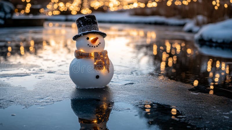 Illuminated Snowman on Icy Pond at Dusk, Reflected in Water with Lights ...