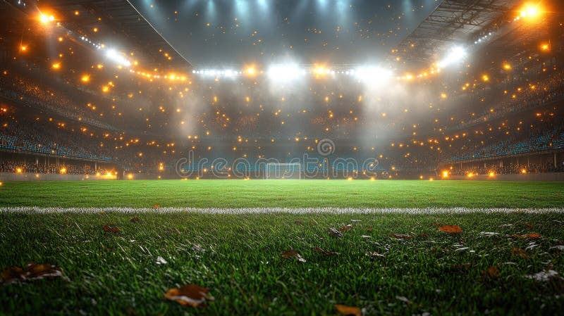 Illuminated Soccer Stadium at Night with Glowing Lights and Empty Field ...