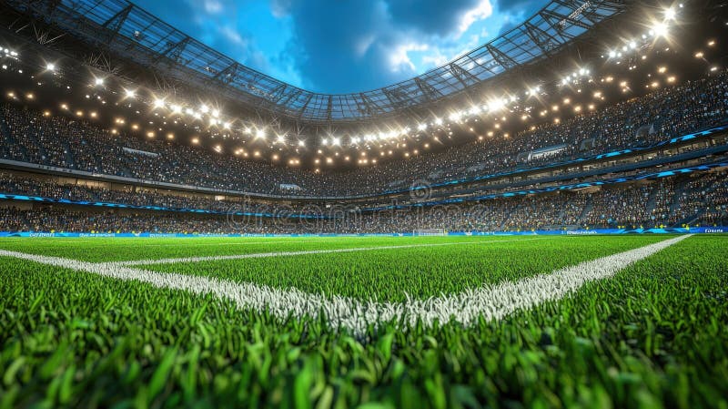 Illuminated Soccer Stadium Under Cloudy Sky with Lush Green Field and ...
