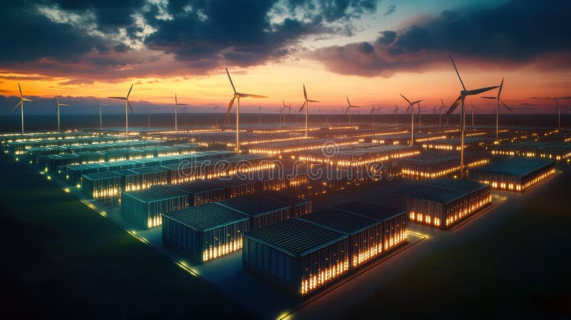 Illuminated Solar Farm and Wind Turbines at Twilight with an Expansive ...
