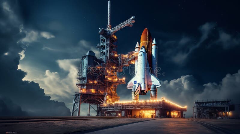 Illuminated Space Shuttle on Launch Pad Awaiting Liftoff Against Night ...