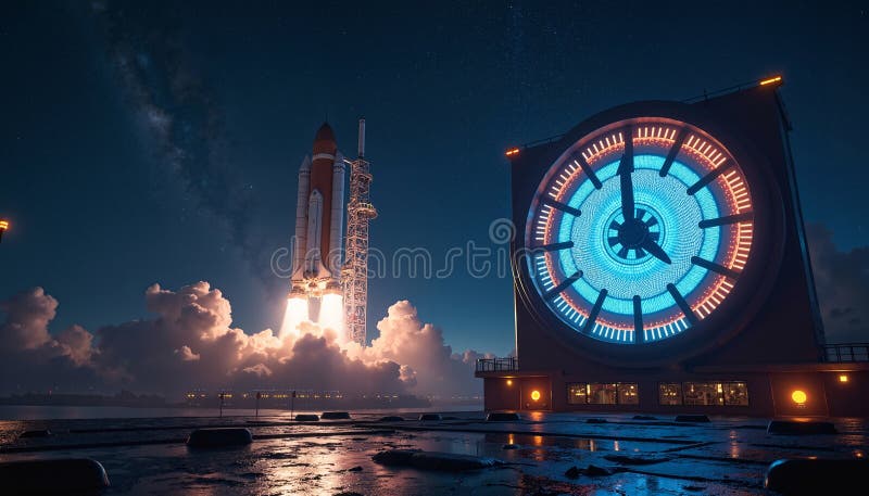 Illuminated Space Shuttle Launching at Night with Countdown Clock ...