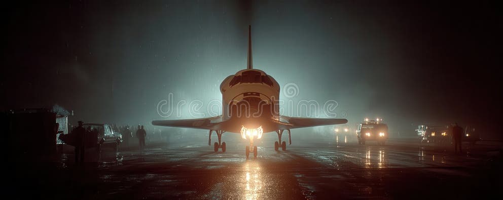 Illuminated Space Shuttle on Runway Under Dramatic Lighting at Night ...