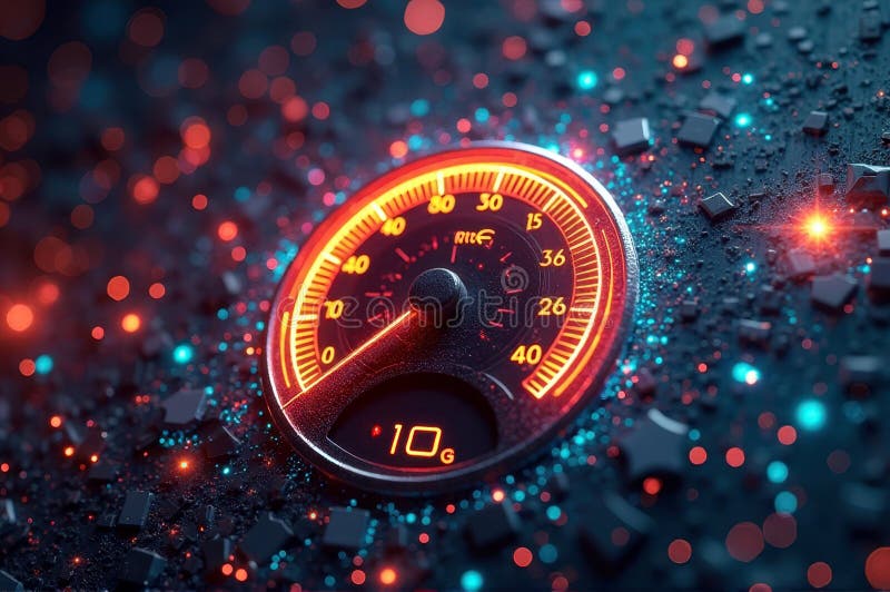 Illuminated Speedometer with Glowing Red Numbers and Abstract ...