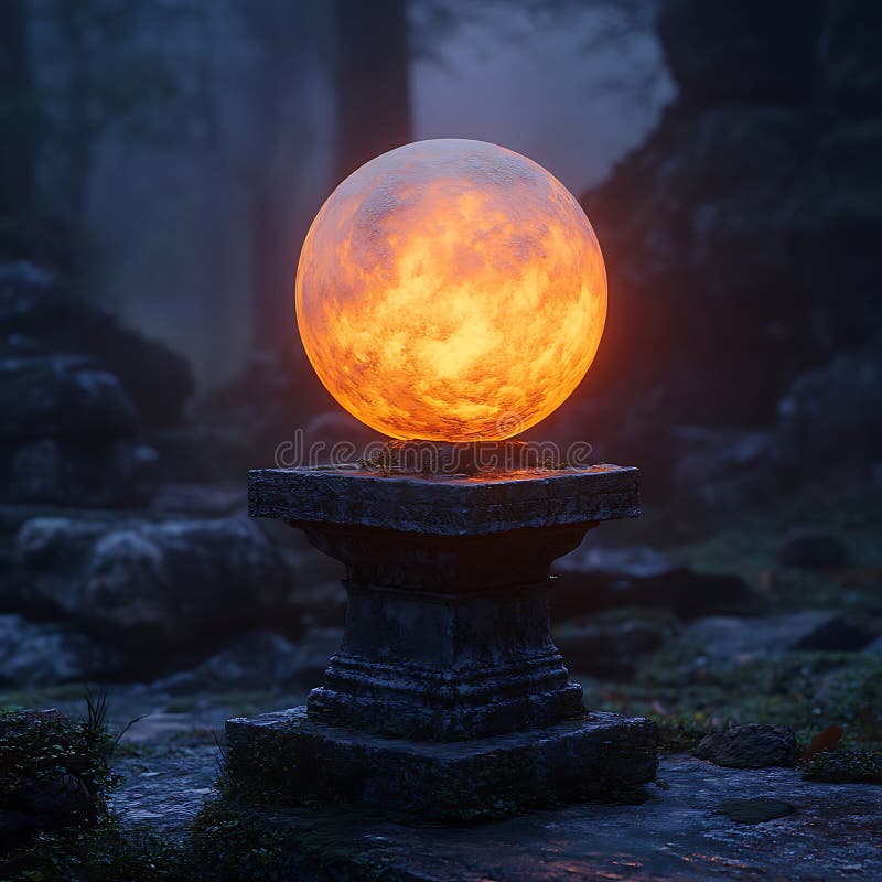 Illuminated Sphere on Ancient Stone Pedestal in Mist Stock Photo ...