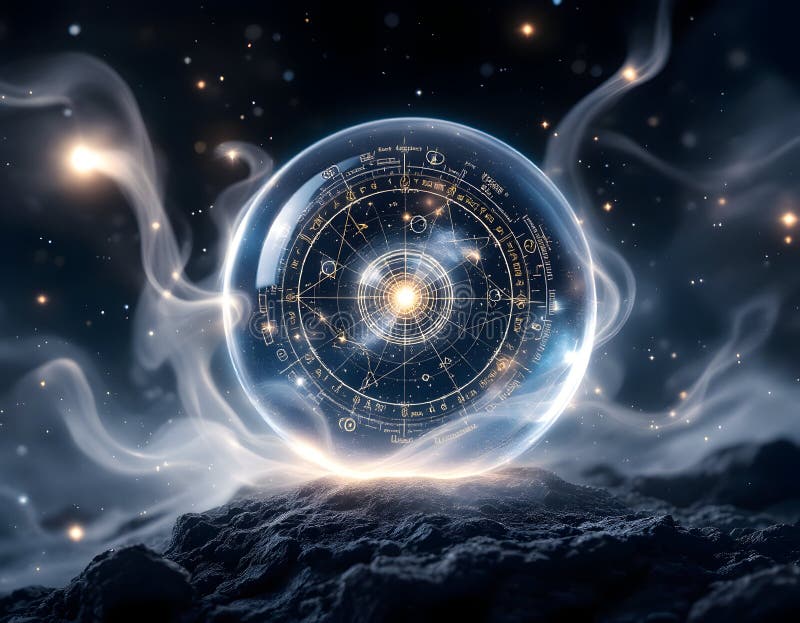 Illuminated Sphere Displaying Astrological Chart with Ethereal Smoke on ...