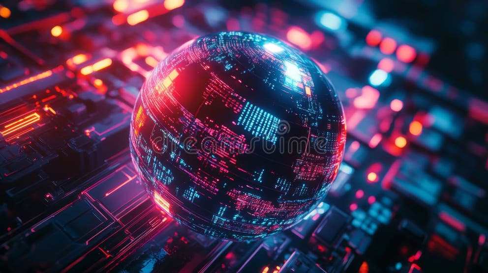 Illuminated Sphere Displays Digital Code on Circuit Board Stock Image ...