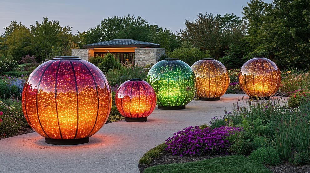 Illuminated Sphere Sculptures in a Garden Setting at Twilight Stock Image - Image of spheres ...