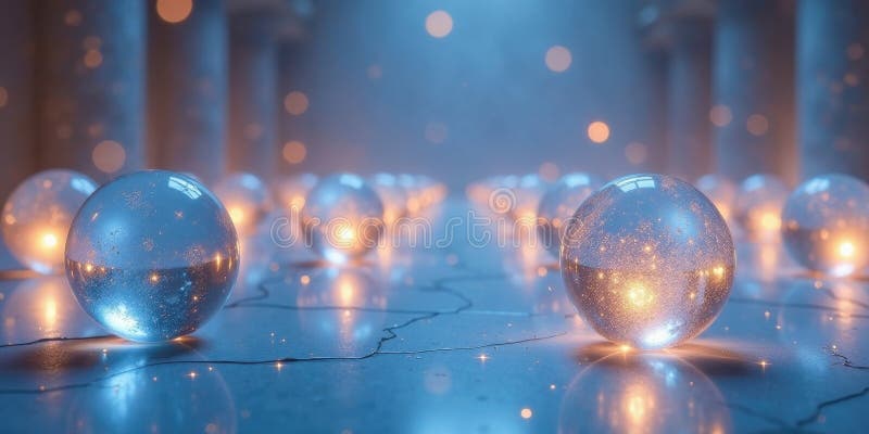 Illuminated Spheres on a Reflective Surface, Glowing with Inner Light ...