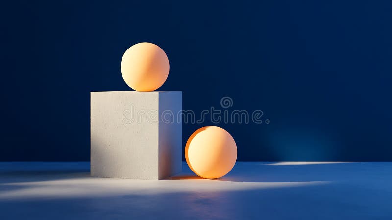 Illuminated Spheres Rest on a Minimalist White Cube Against a Deep Blue ...