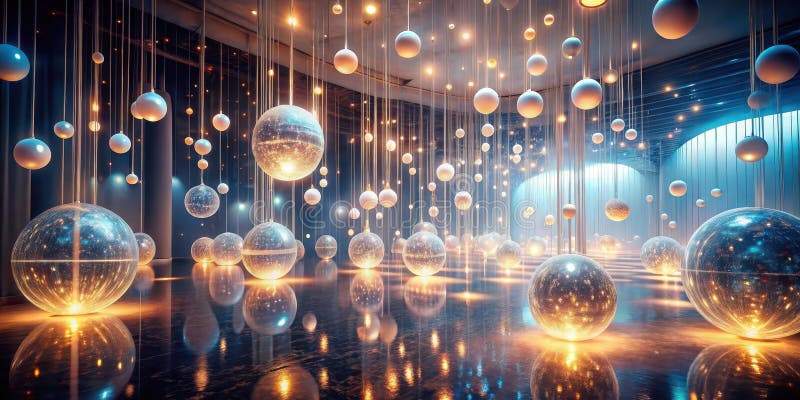 Illuminated Spheres Suspended from the Ceiling, Reflecting in a ...