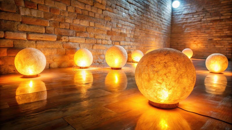 Illuminated Spherical Lamps Arranged in a Serene Brick Room. Generative AI Stock Illustration ...
