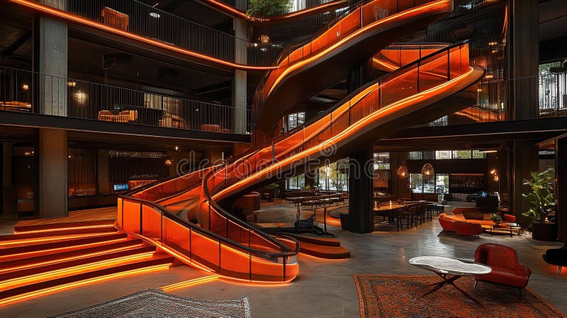 Illuminated Spiral Staircase in Modern Hotel Lobby Stock Photo - Image ...