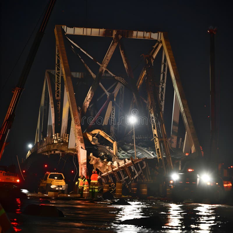 Emergency Workers at Nighttime Bridge Collapse Scene Stock Photo ...