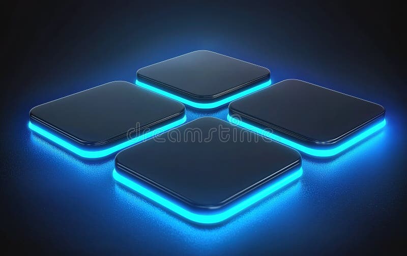 Illuminated Square Buttons with Blue Neon Lights on a Dark Background ...