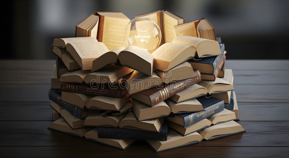 Illuminated Stack of Open Books with Glowing Light Bulb: Knowledge ...