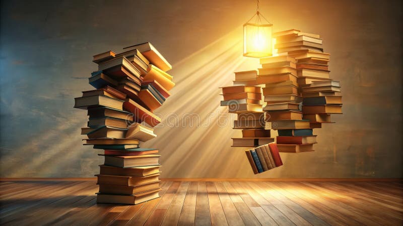 Illuminated Stacks of Books in an Empty Room, a Symbol of Knowledge and ...