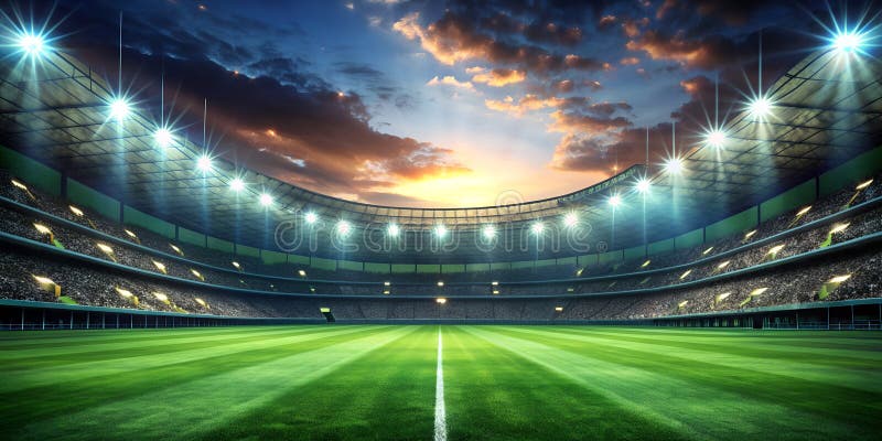 Illuminated Stadium Lights Casting Dramatic Glow on the Lush Green ...