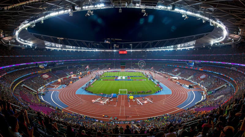 Illuminated Stadium Packed with Cheering Crowd during Competition at ...