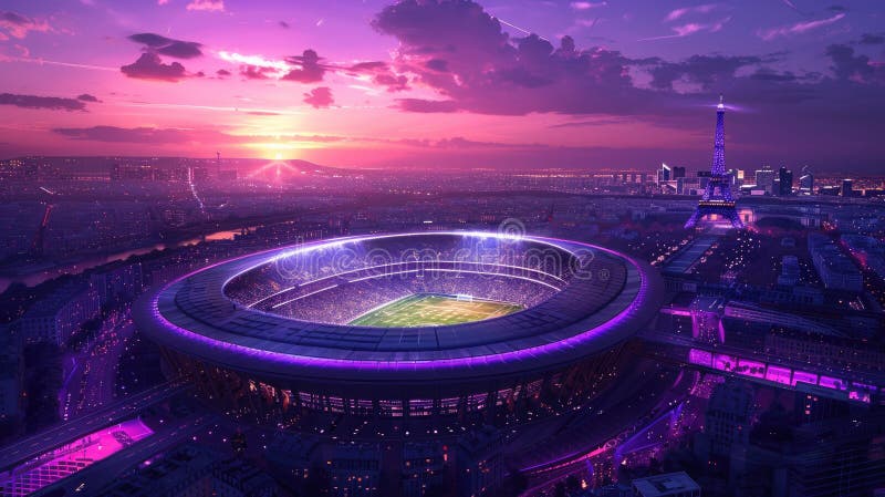 Illuminated Stadium in Paris with Eiffel Tower at Night Stock ...