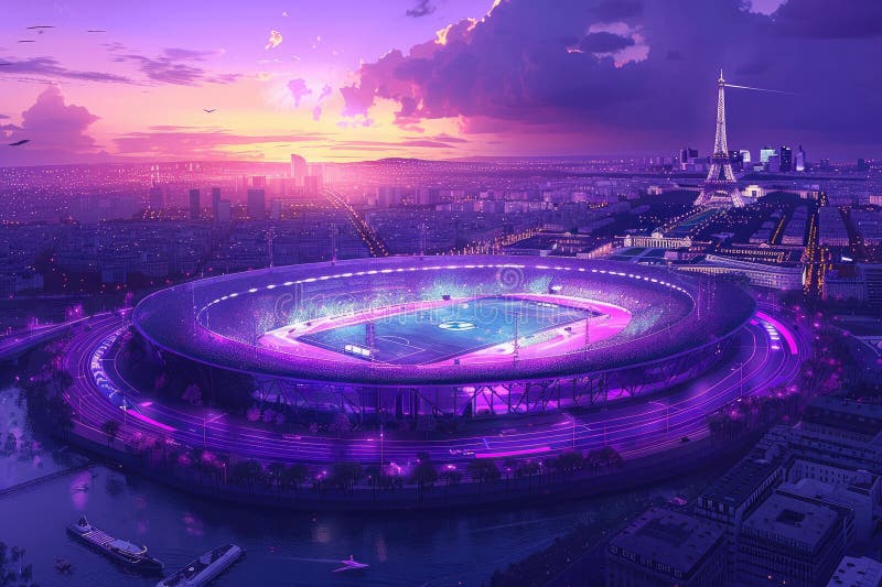 Illuminated Stadium in Paris with Eiffel Tower at Night Stock ...