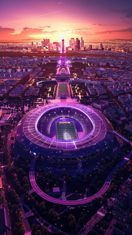 Illuminated Stadium in Paris with Eiffel Tower at Night Stock ...