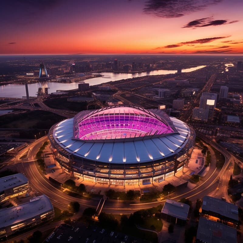 Illuminated Stadium with Retractable Roof and Multi-Tiered Seating at ...