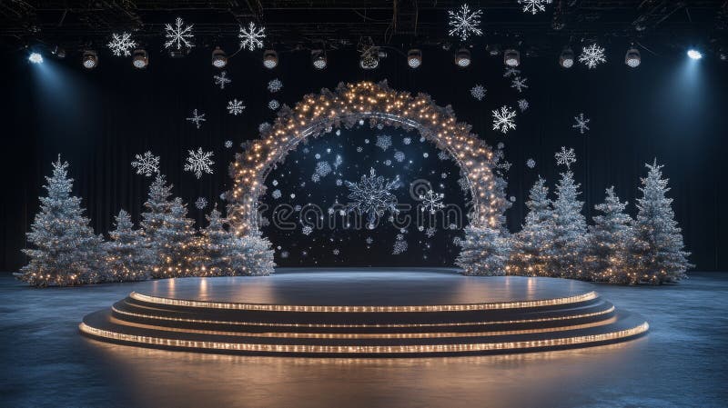 Illuminated Stage with Christmas Trees and Snowflakes Stock Photo ...