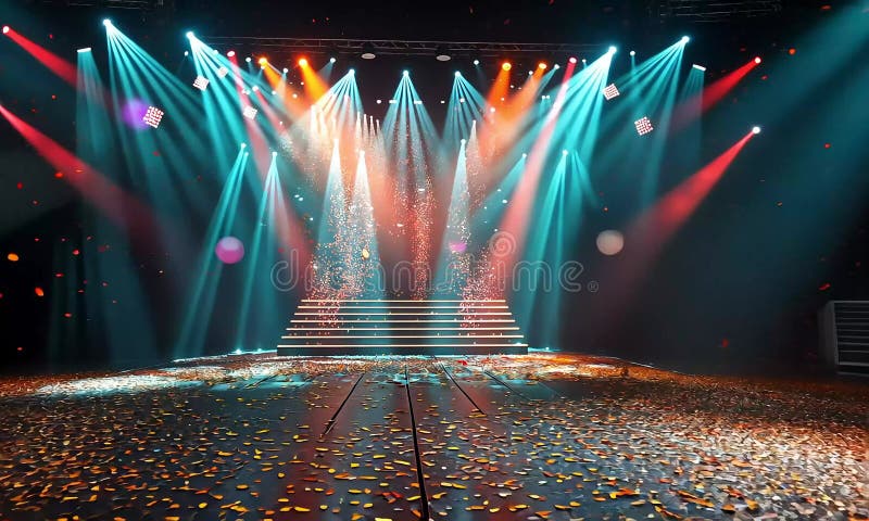 Illuminated Stage with Confetti, Showcasing Vibrant Lighting and a ...