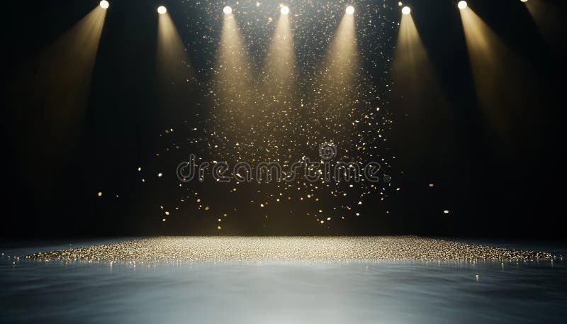 Illuminated Stage with Glittering Particles Under Spotlights in Dark ...