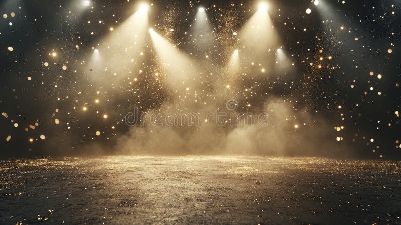 Illuminated Stage with Golden Glitter and Spotlights Stock Illustration ...