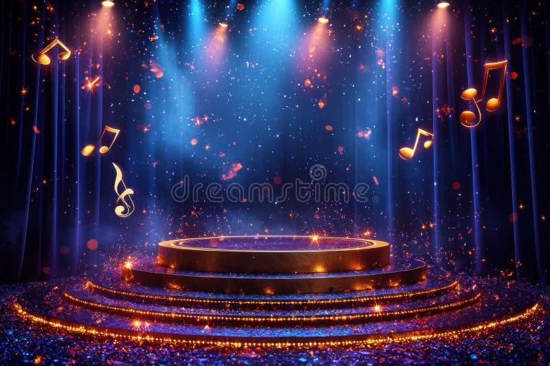 Illuminated Stage with Golden Musical Notes on Blue and Purple ...
