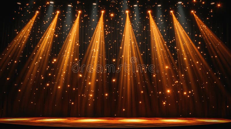 Illuminated Stage with Golden Spotlights and Starry Curtain Background ...