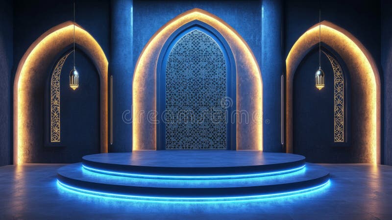 Illuminated Stage with Islamic Architectural Design Elements Stock ...
