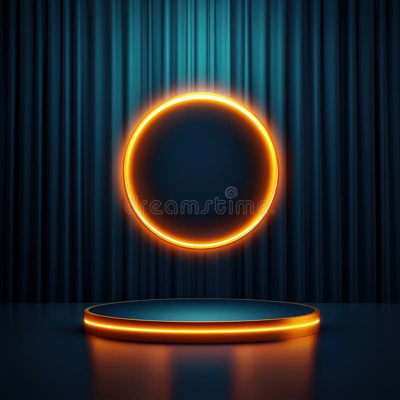 Illuminated Stage with Neon Circle and Podium: Abstract Background ...