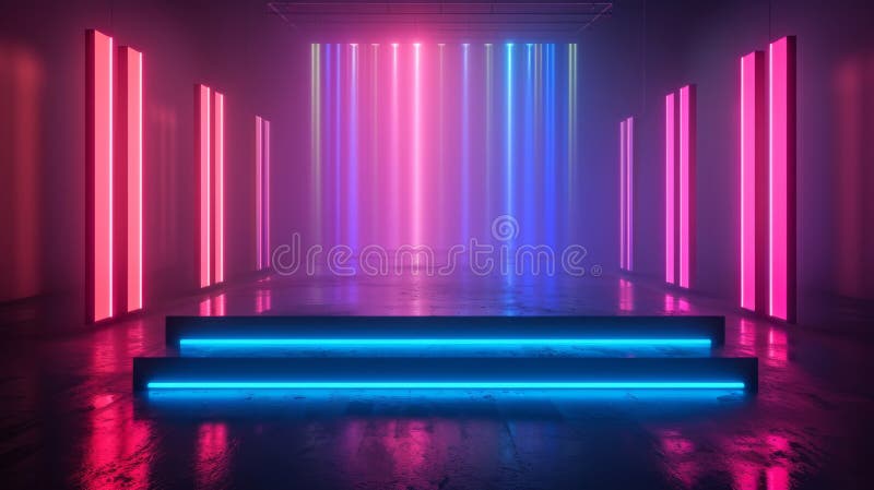 Illuminated Stage with Neon Lights and Reflective Floor in a Dark Room ...