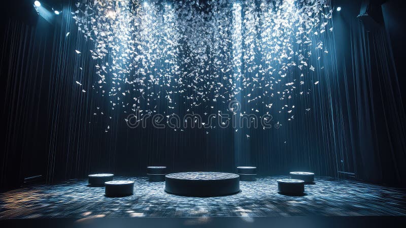Illuminated Stage with Paper Lightning and Rain Effects Stock Photo ...