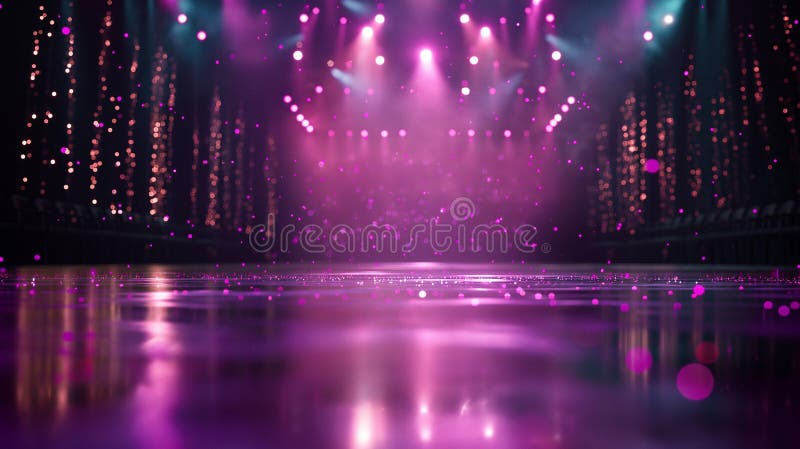 Illuminated Stage with Pink and Purple Lights Reflecting on Glossy ...