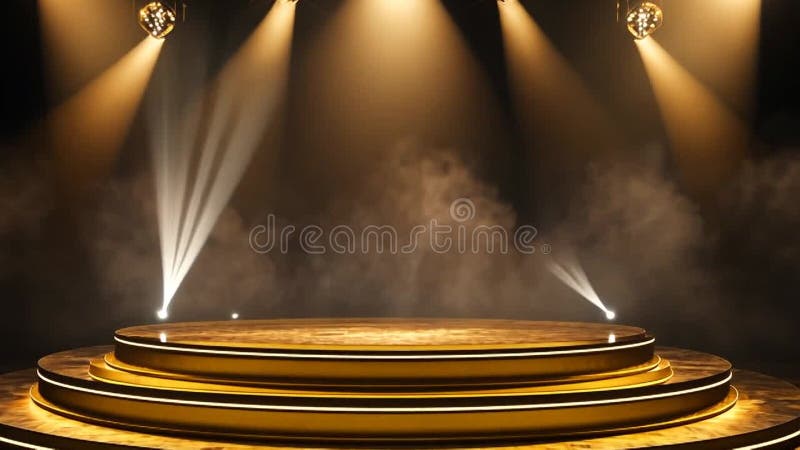 Illuminated Stage Platform with Spotlights and Atmospheric Mist ...